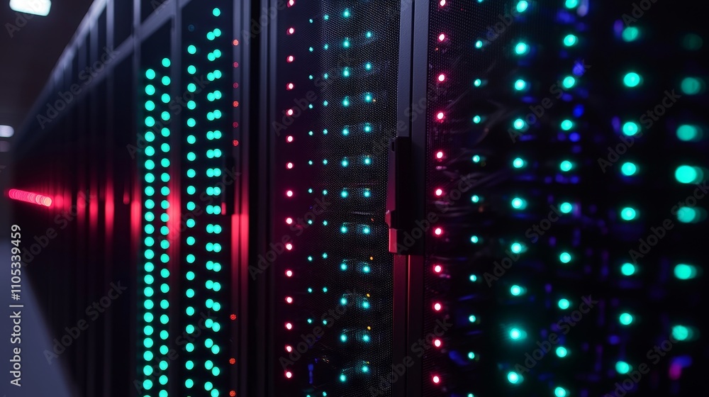 fiber optic installation concept. Illuminated server racks with ...