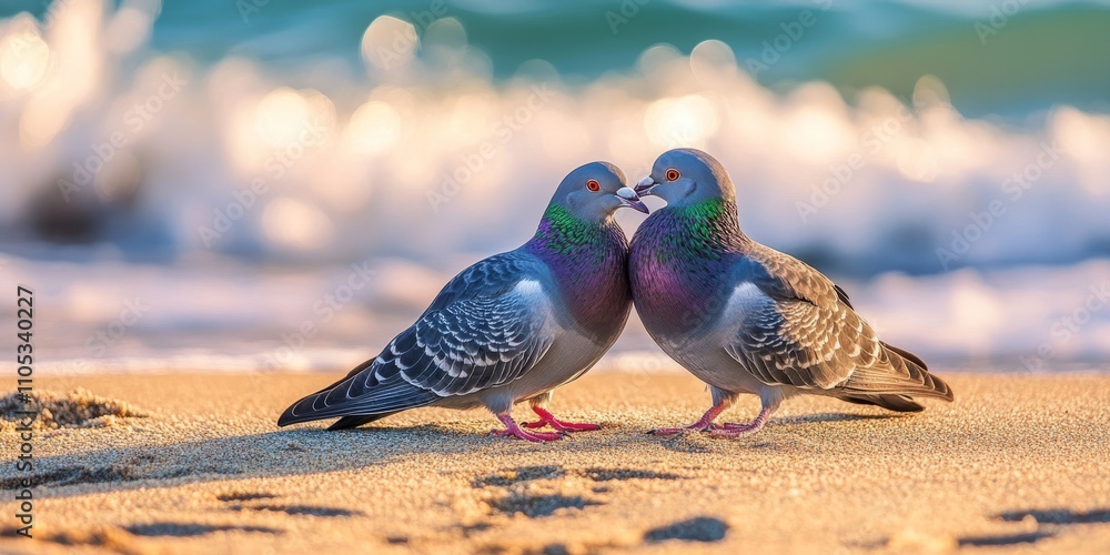Two affectionate pigeons sharing a kiss on the sandy beach, creating a ...