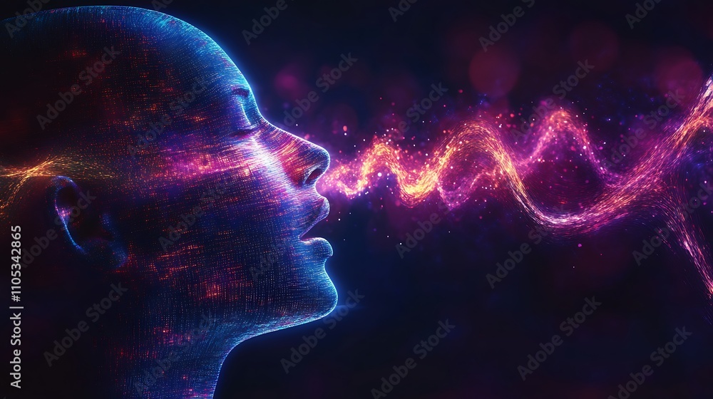A human head in profile emitting glowing sound waves, detailed textures ...