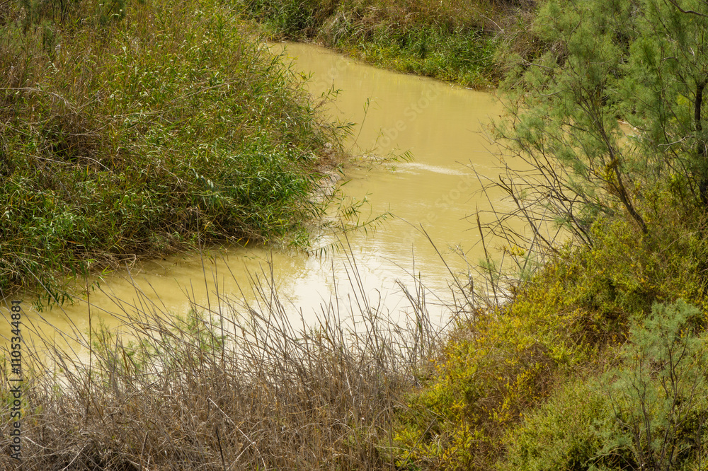 Jordan. Place of Jesus' baptism. Muddy waters in Jordan River bed near ...