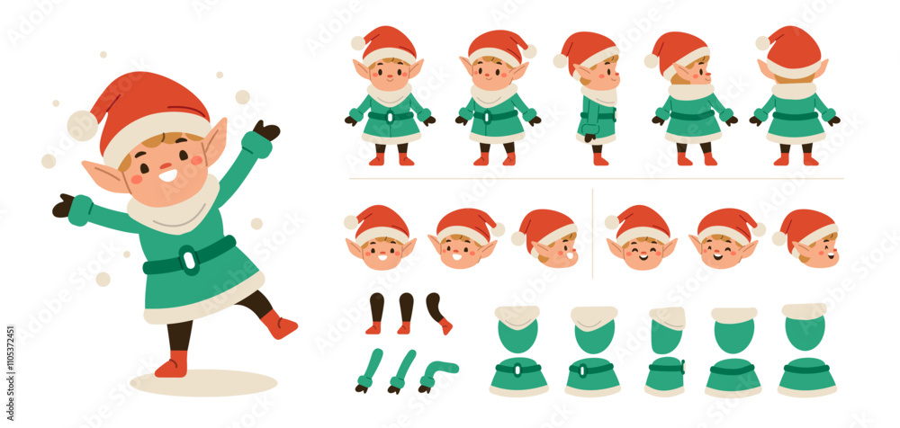 Christmas elf holiday character constructor for animation. Front, side ...
