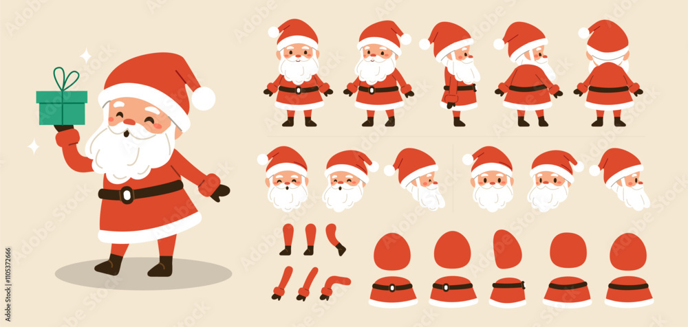 Santa Claus holiday character constructor for animation. Front, side ...