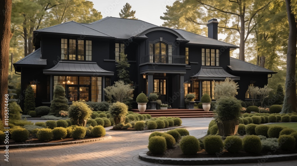Classic colonial-style red brick house with a black roof, featuring a ...