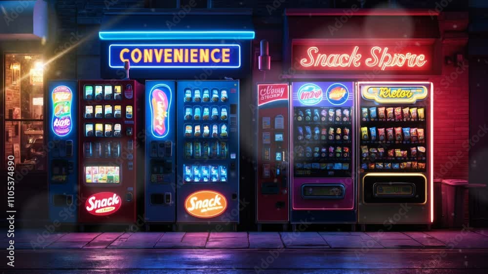 A vibrant scene of vending machines offering snacks and drinks in a ...