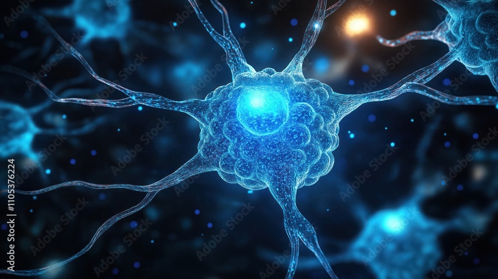 Abstract closeup view of glowing neuron cells. Complex nervous system structure shown. Artistic ...