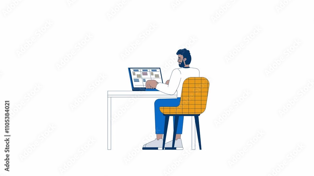 Business casual black man typing laptop 2D character animation. Data ...