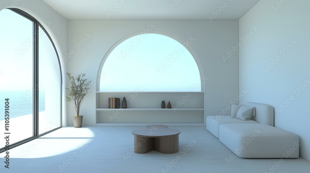 Minimalist living room, large arch windows, sleek built-in shelf ...