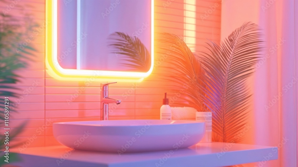 Modern bathroom interior with neon lighting creating dreamy pink and ...