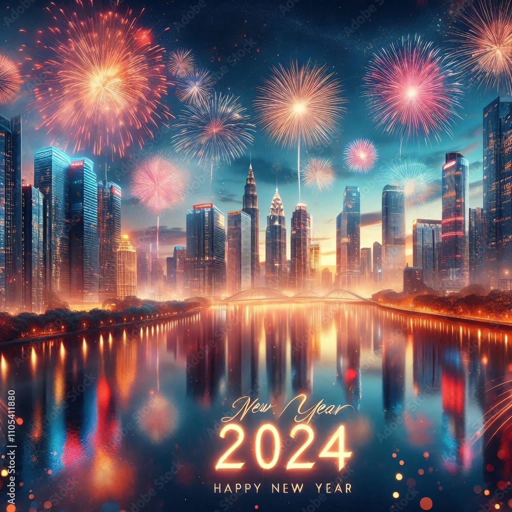 Happy New Year 2025 Fireworks light up the night sky over a bustling ...