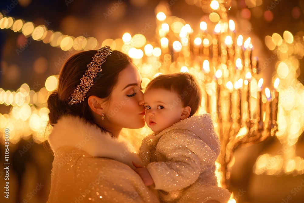 Happy Jewish mother and son celebrating Hanukkah. Portrait of orthodox ...