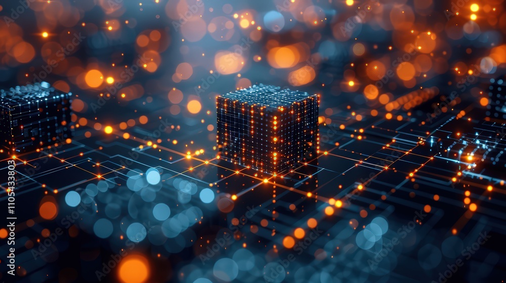 3D Render of Cube Technology at Converging Circuit Points on Abstract ...