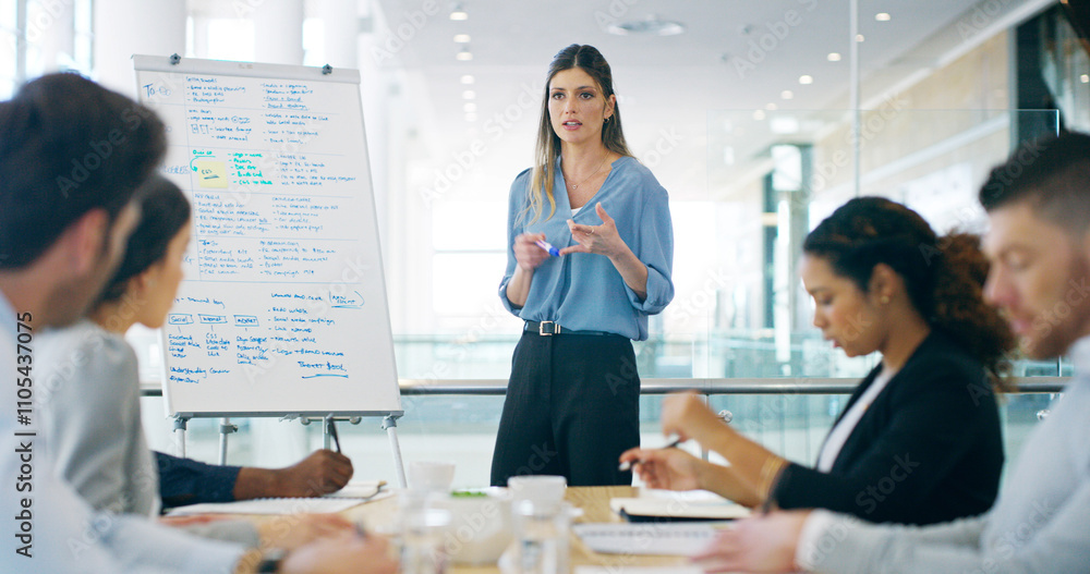 Business woman, proposal and whiteboard for training, discussion and ...