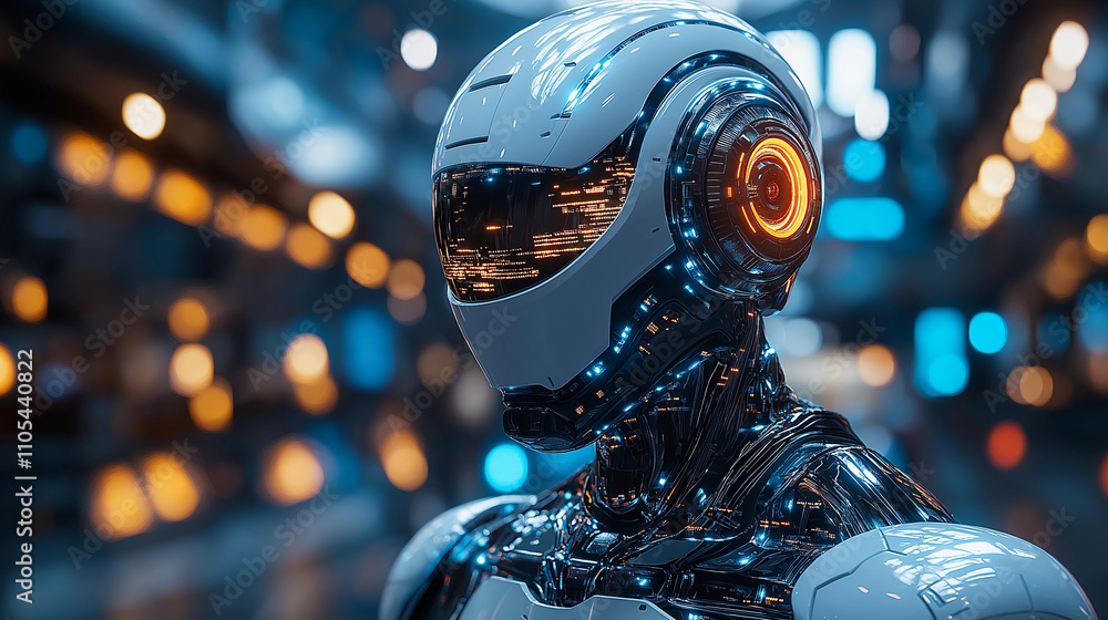 Portrait of Futuristic Humanoid Robot with Glass Visor on Dark ...