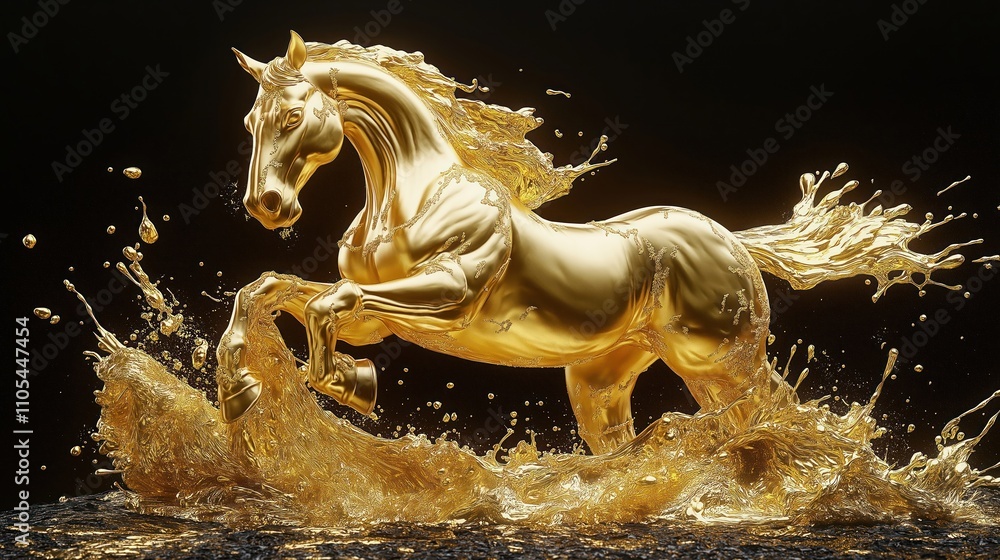 Golden horse sculpture in motion. Fluid gold splashes surround dynamic ...