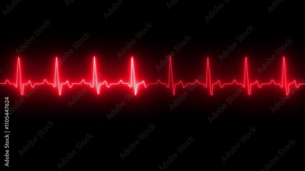 glowing neon red color heart pulse rate monitor animation on black ...
