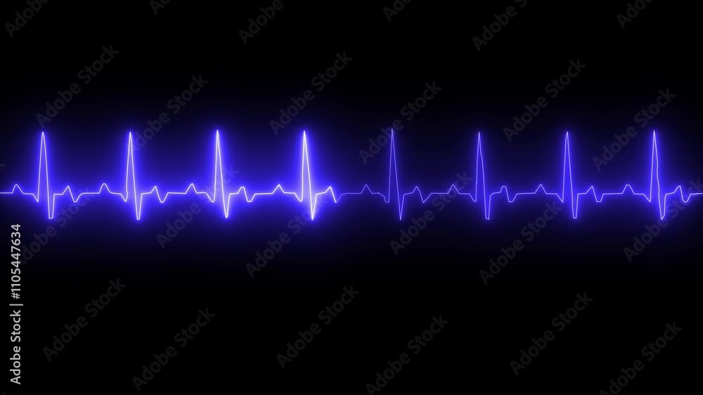 glowing neon blue color heart pulse rate monitor animation on black ...