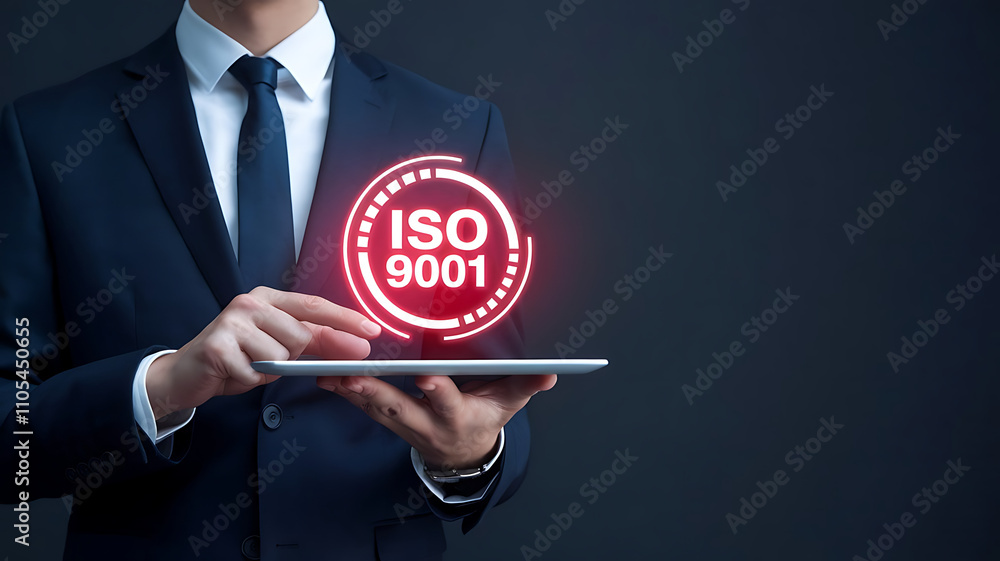 ISO 9001 Concept, Businessman holding a tablet with text iso 9001, ISO ...