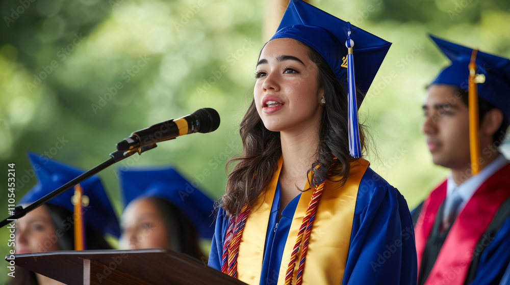 Young valedictorian delivering graduation speech at outdoor ceremony ...