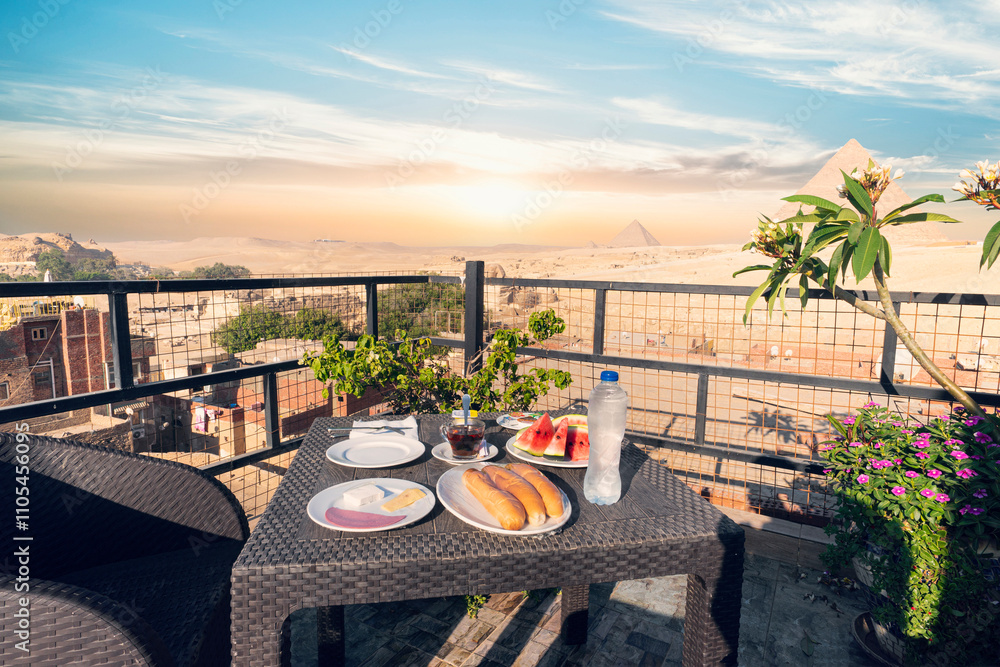 Traveler's breakfast. table in an outdoor restaurant with a ...