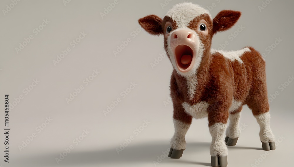 Adorable brown and white calf with its mouth open, standing against a ...