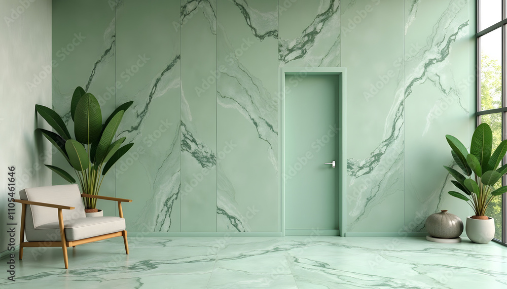 Elegant minimalistic room interior with matcha green marble walls and ...