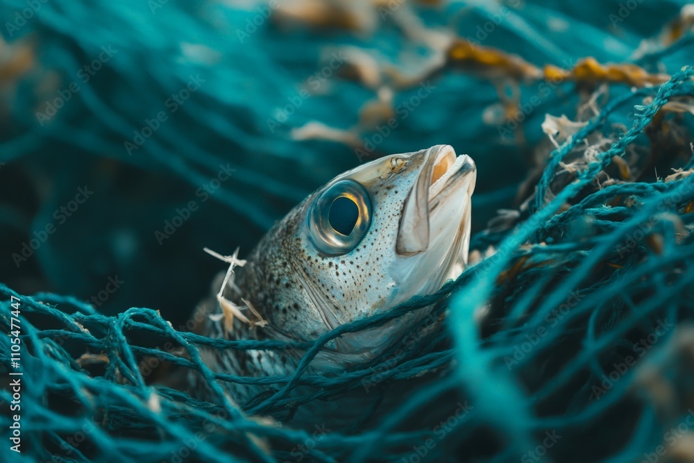 A fish is partially submerged in a fisherman’s net, a poignant ...