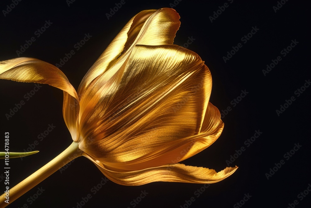 Gold flower with a stem is shown in a black background. The flower is ...
