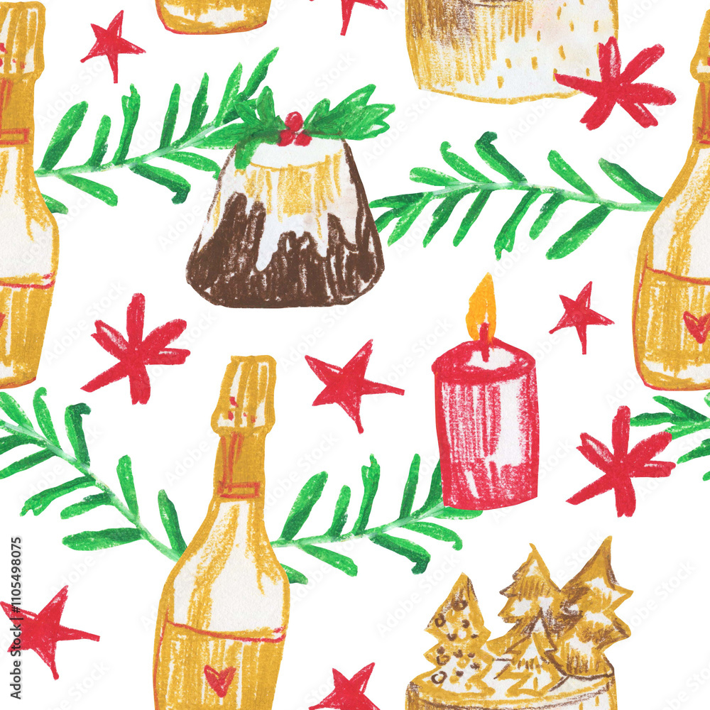 Seamless pattern with Christmas food on white isolated background hand ...