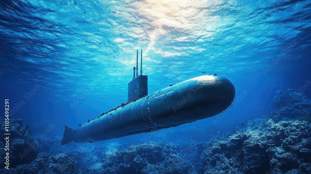 Military submarine glides through crystal-clear ocean waters ...
