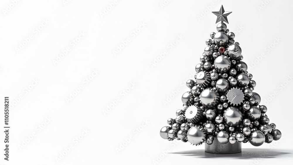 A dynamic Christmas tree made from an assortment of gears, nuts, bolts ...
