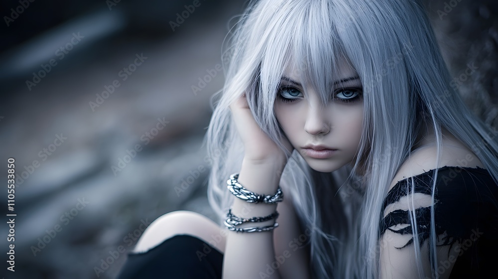 A photograph of an emo girl with silver hair, wearing a black and white ...
