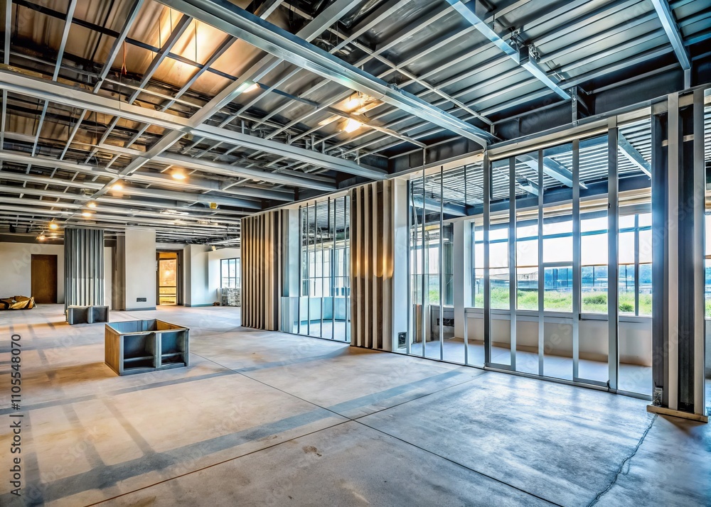 Interior of a New Commercial Building Featuring Freshly Installed Drywall and Metal Studs, With ...
