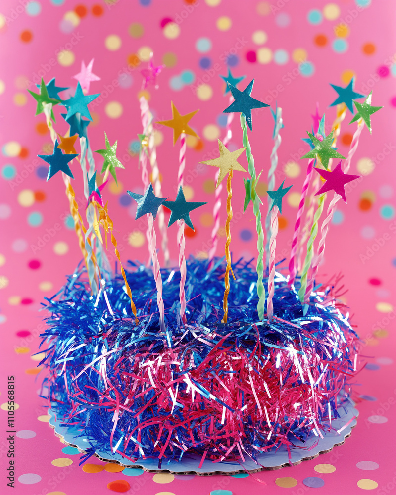 A delightful cake covered with layers of pink and blue tinsel and ...