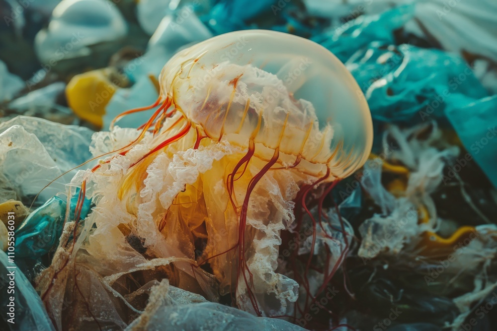 A striking image of a jellyfish surrounded by ocean litter and plastic ...
