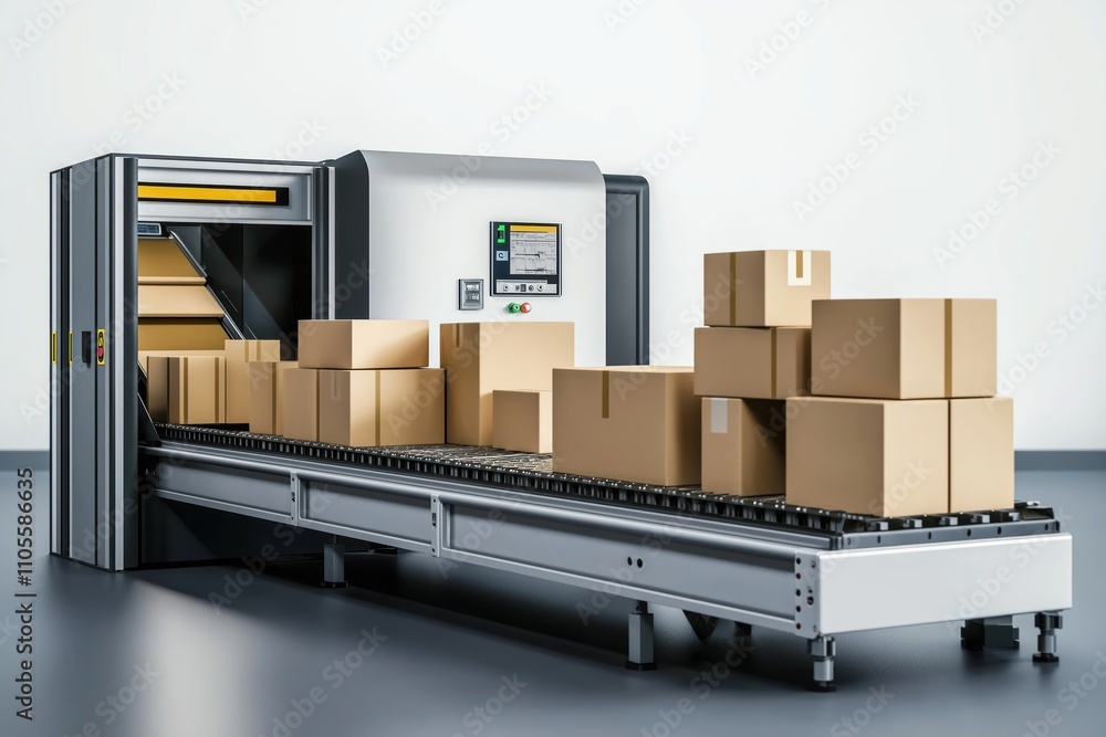 Automated sorting machine processes cardboard boxes on conveyor belt ...