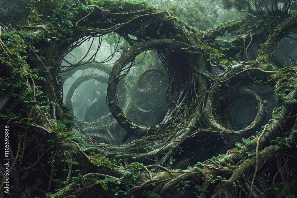 Intertwined Tree Roots Form Circular Openings in a Lush Forest Stock ...
