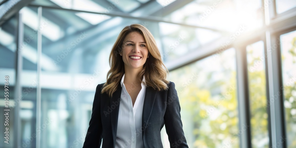 Businesswoman walks confidently through modern office building. Smiling ...