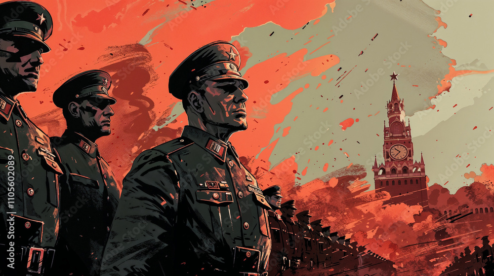 A dramatic illustration depicting a militaristic regime, with a ...