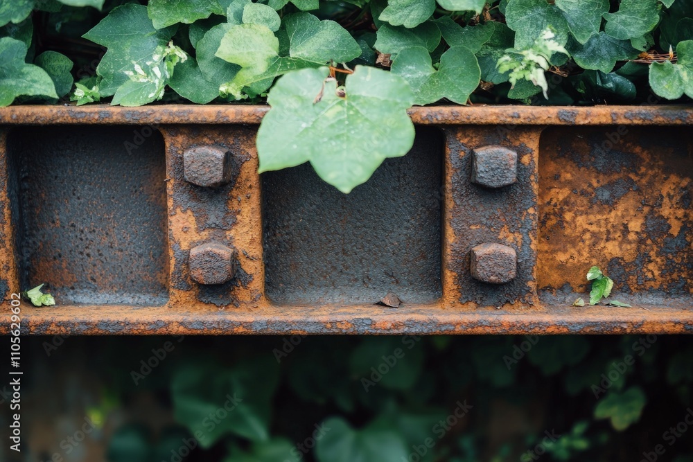 Rusted beams and bolts intertwined with vibrant green ivy, illustrating ...