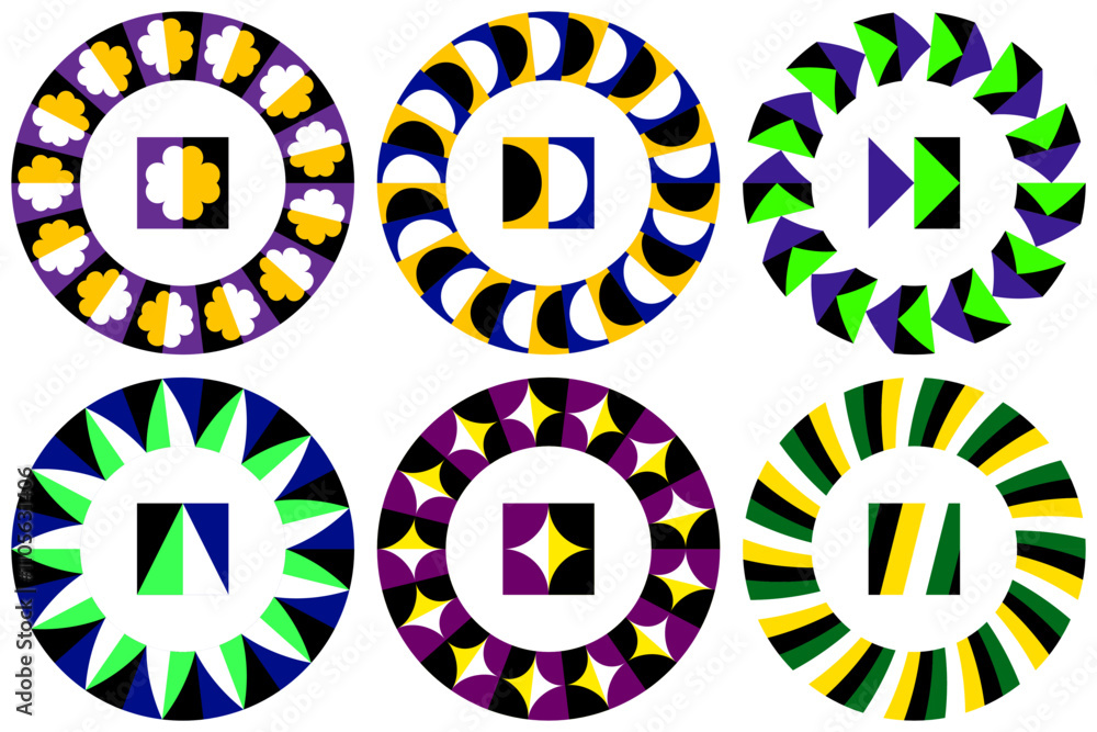 Circular frame designs with vibrant optical illusions that simulate ...