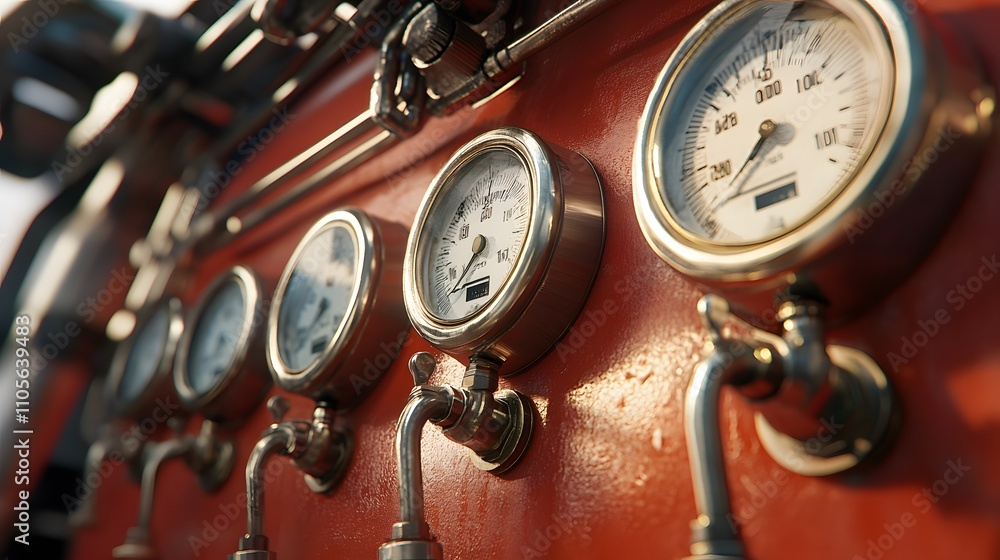 Zoomed in perspective of pressure gauges on a red ta AI generated ...