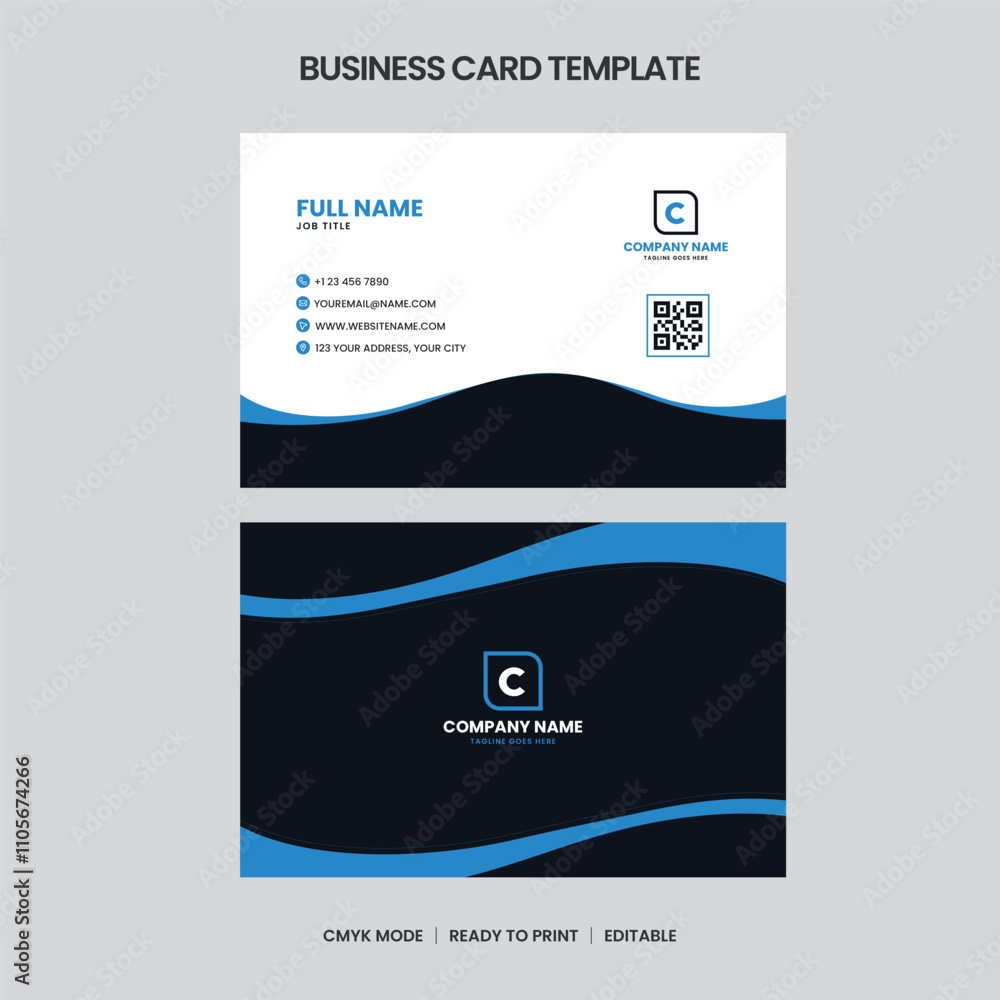 Modern business card template featuring blue and dark color scheme, QR ...