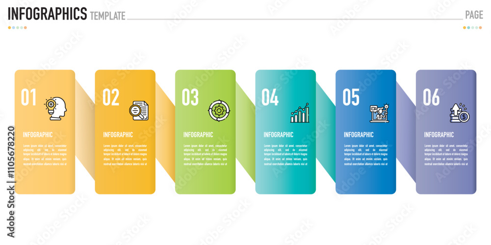 Rectangular infographic template or element with 6 step, process ...
