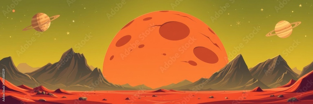 Abstract cartoon illustration of a Mars landscape with alien planet ...