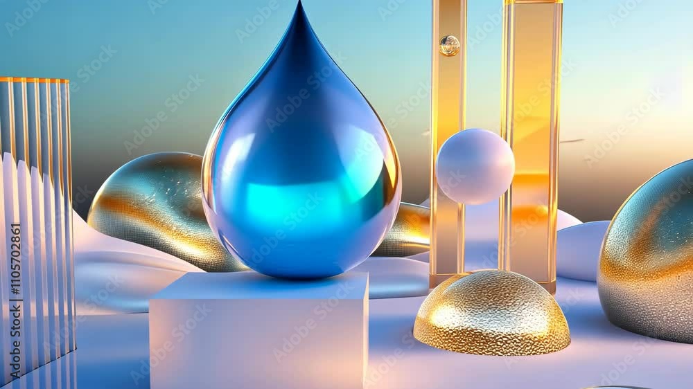 3D Animated Abstract Scene with Blue Metallic Teardrop, Gold and White ...