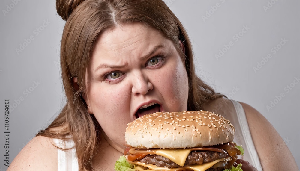 overweight woman holding and eating pizza with many junk food on the ...