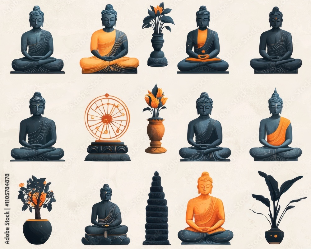 A set of various Buddha minimal icons in full detail, isolated on a ...