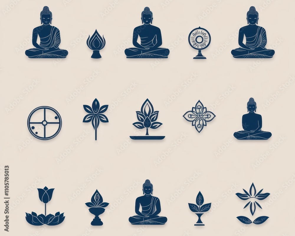 A set of various Buddha minimal icons in full detail, isolated on a ...