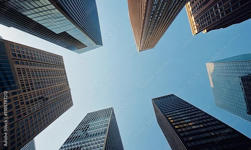 Skyscrapers create a dramatic perspective from the ground, showcasing ...