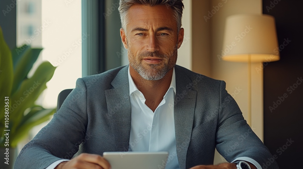 Businessman analyzes data in a modern office with natural light and a ...